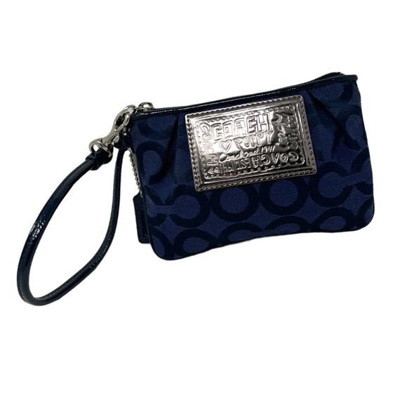 Coach | Bags | Coach Wristlet Wallet Navy Blue Poppy Signature C Canvas ...